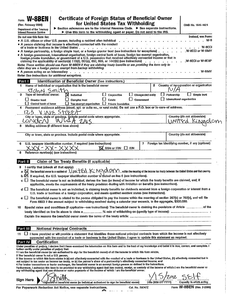 W-8BEN FORM - Fill-Out Sample | PDF