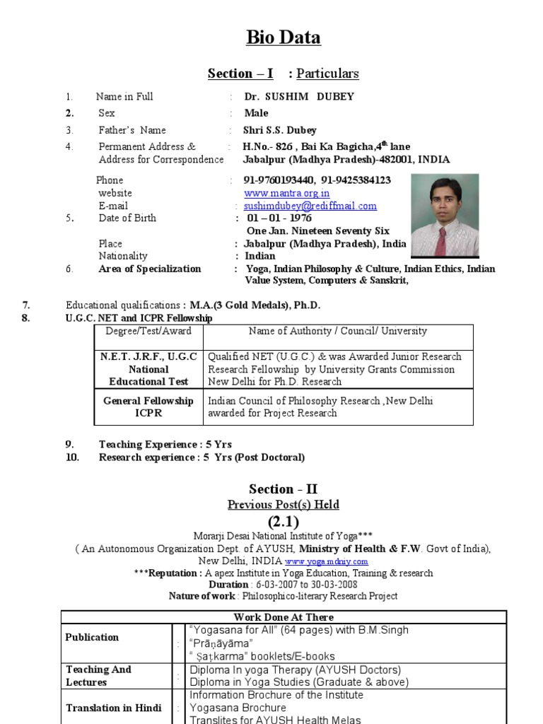 Bio Data Word Format | PDF | Sanskrit | Yoga