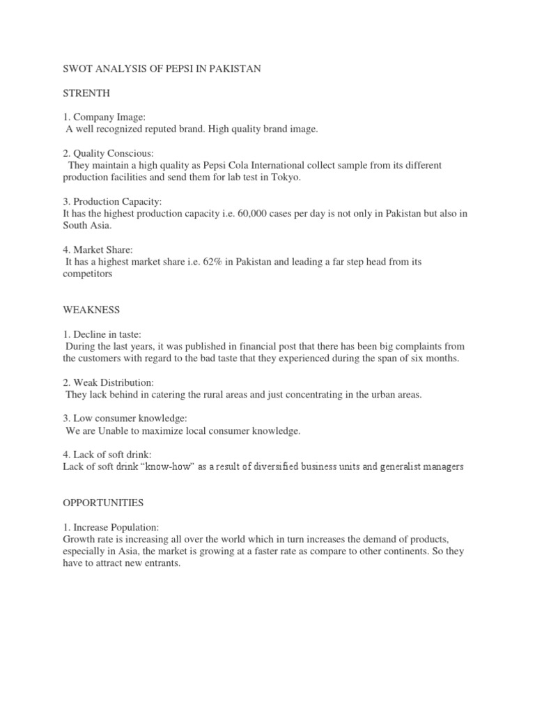 SWOT Analysis of Pepsi in Pakistan | PDF | Pepsi Co | Economies