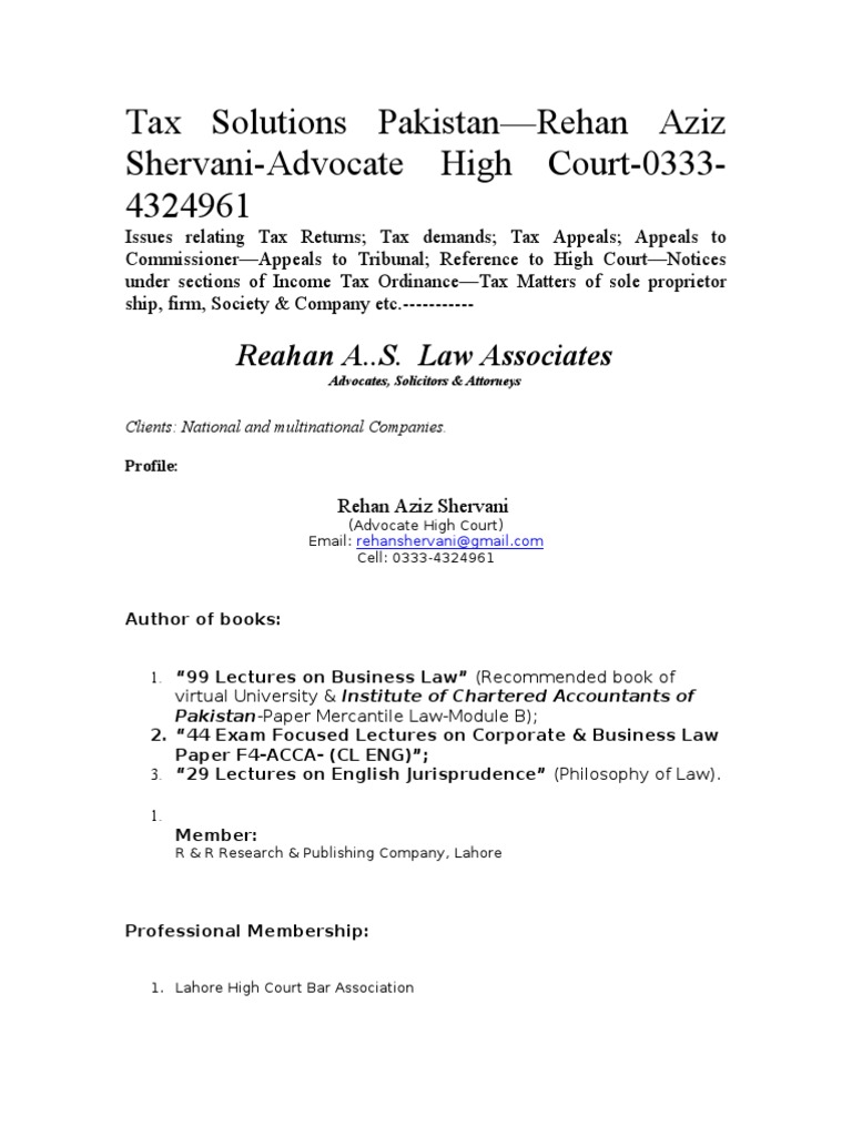 Tax Solutions Pakistan-Rehan Aziz Shervani-Advocate High Court-0333 ...