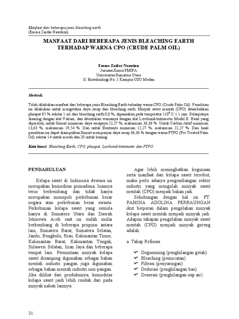 Manfaat Dari Beberapa Jenis Bleaching Earth Terhadap Warna Cpo (Crude ...