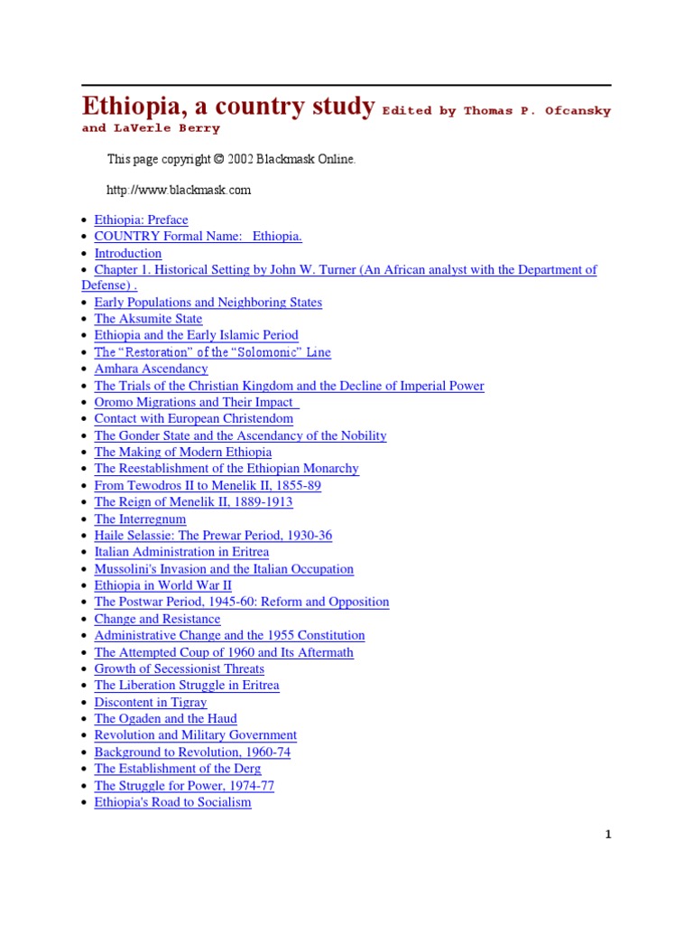 Ethiopia, A Country Study Edited by Thomas P. Ofcansky and LaVerle ...