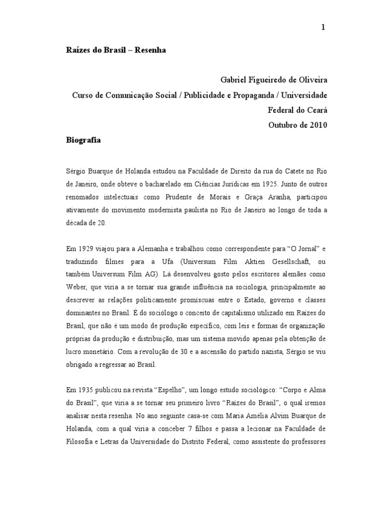 Resenha De Raízes Do Brasil Pdf Brasil Sociologia