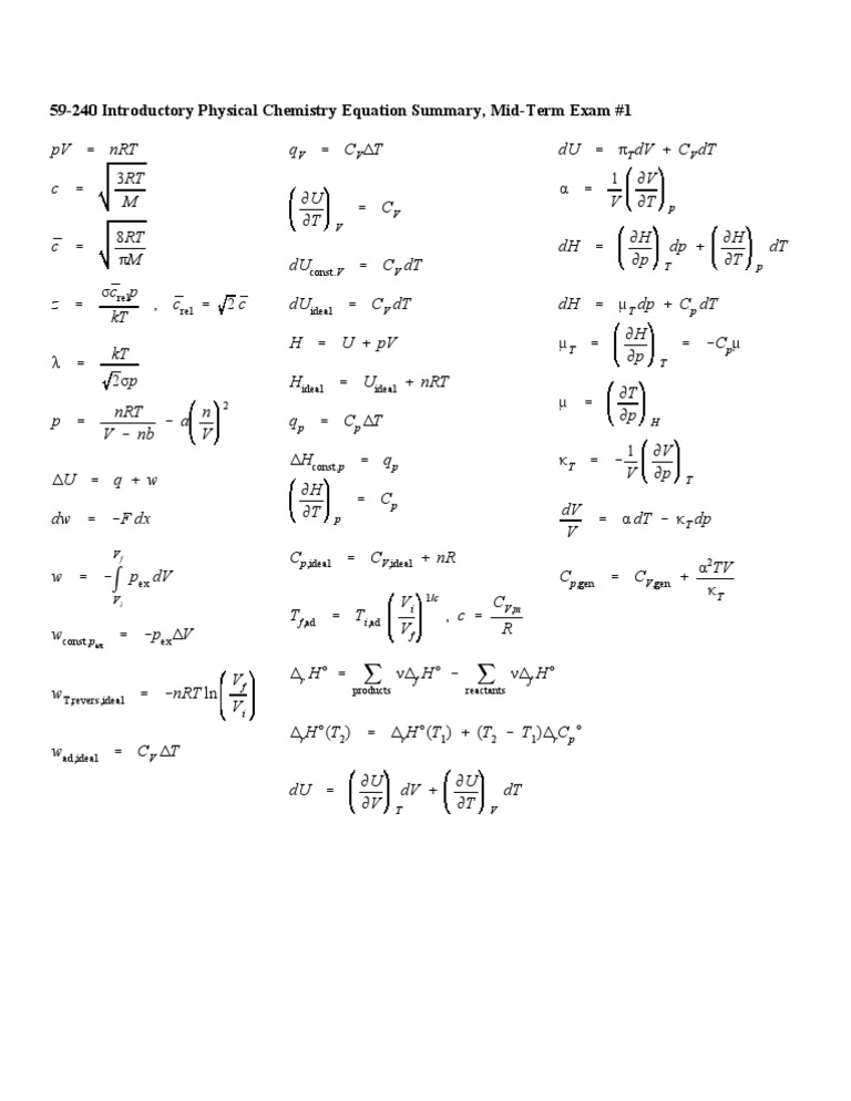Physical Chemistry Equation Summary 1 | PDF