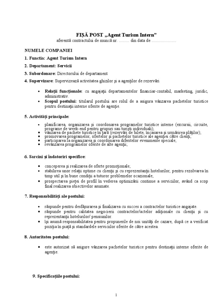 Fisa de Post - Agent Turism Intern