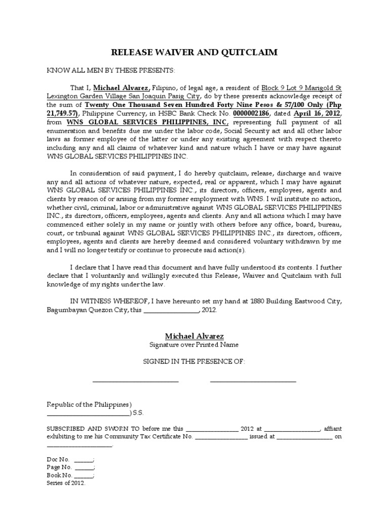 Release Waiver and Quitclaim | PDF | Philippines | Employment