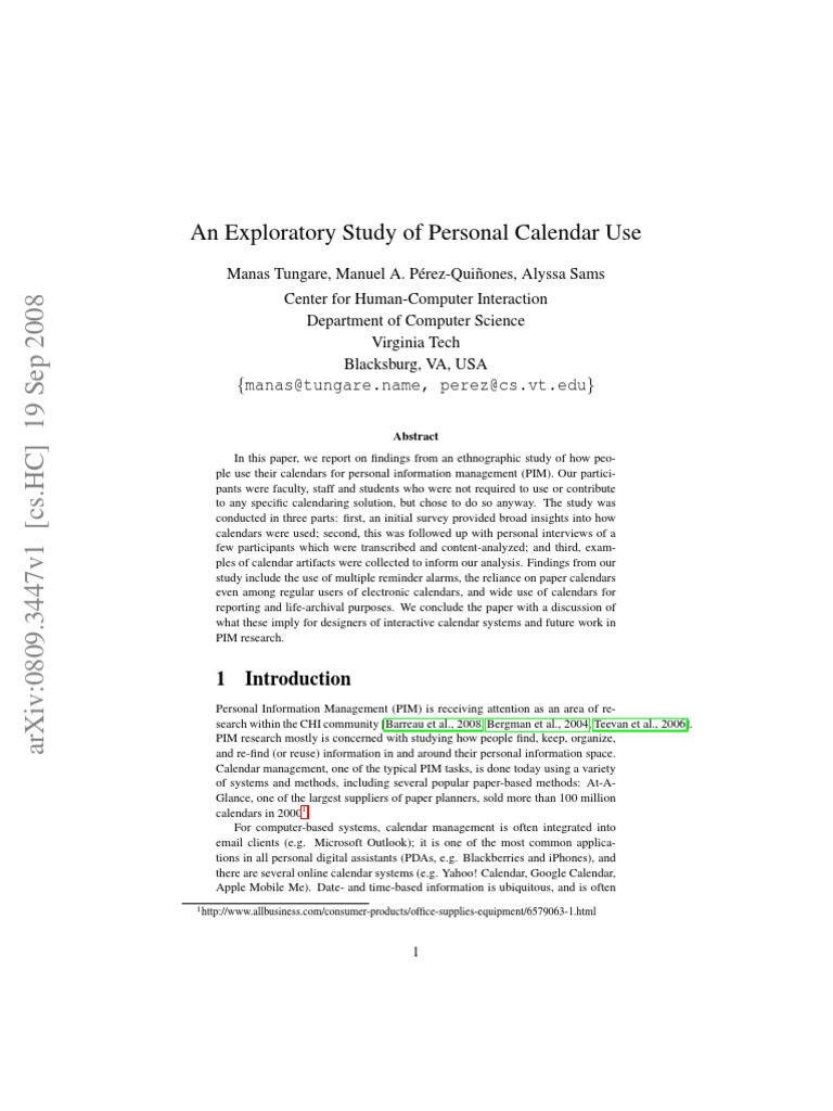 An Exploratory Study of Personal Calendar Use | PDF | Personal Digital ...