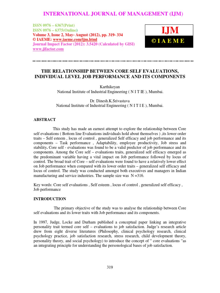 The Relationship Between Core Self Evaluations Individual Level Job ...