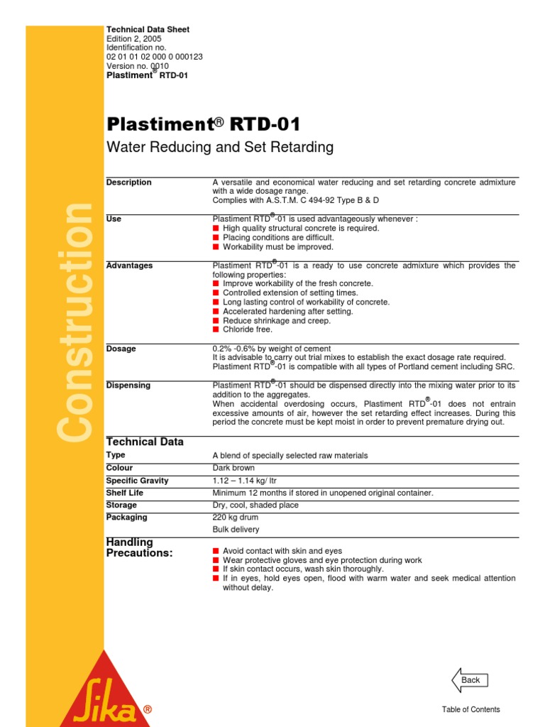 Plastiment RTD-01: Water Reducing and Set Retarding | PDF | Concrete ...