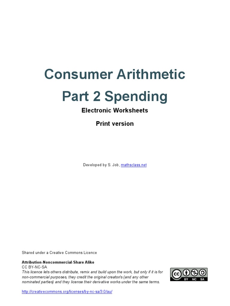 Consumer Arithmetic - Spending - Electronic Worksheets - PRINT Version ...