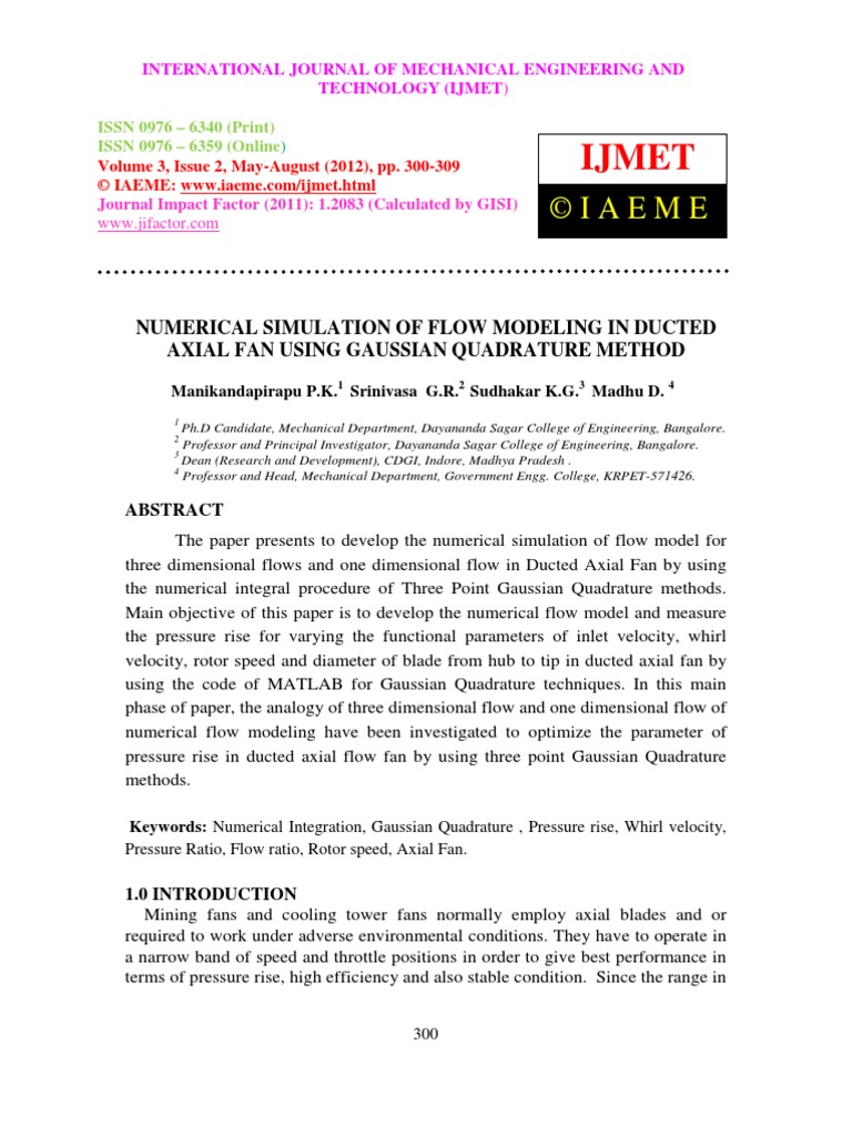 Numerical Simulation of Flow Modeling in Ducted Axial Fan Using Gaussian Quadrature Method | PDF ...