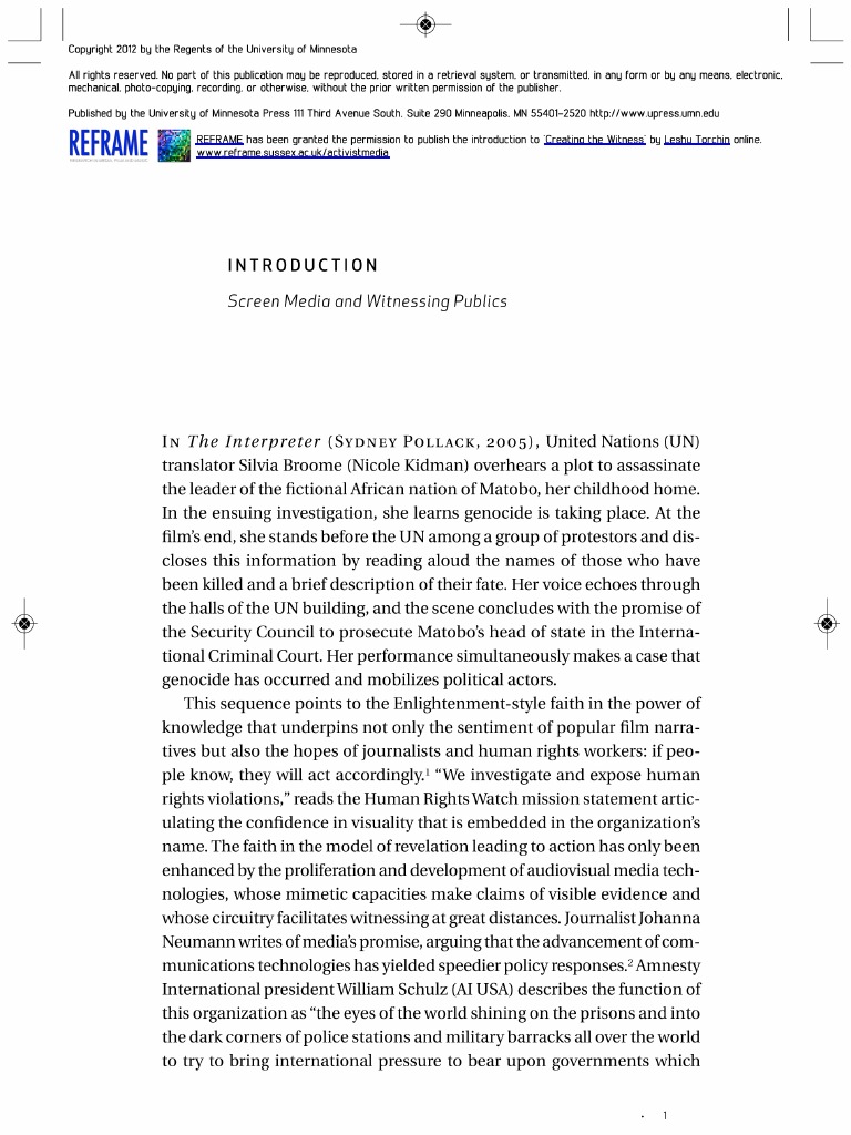 Leshu Torchin, 'Introduction: Screen Media and Witnessing Publics ...