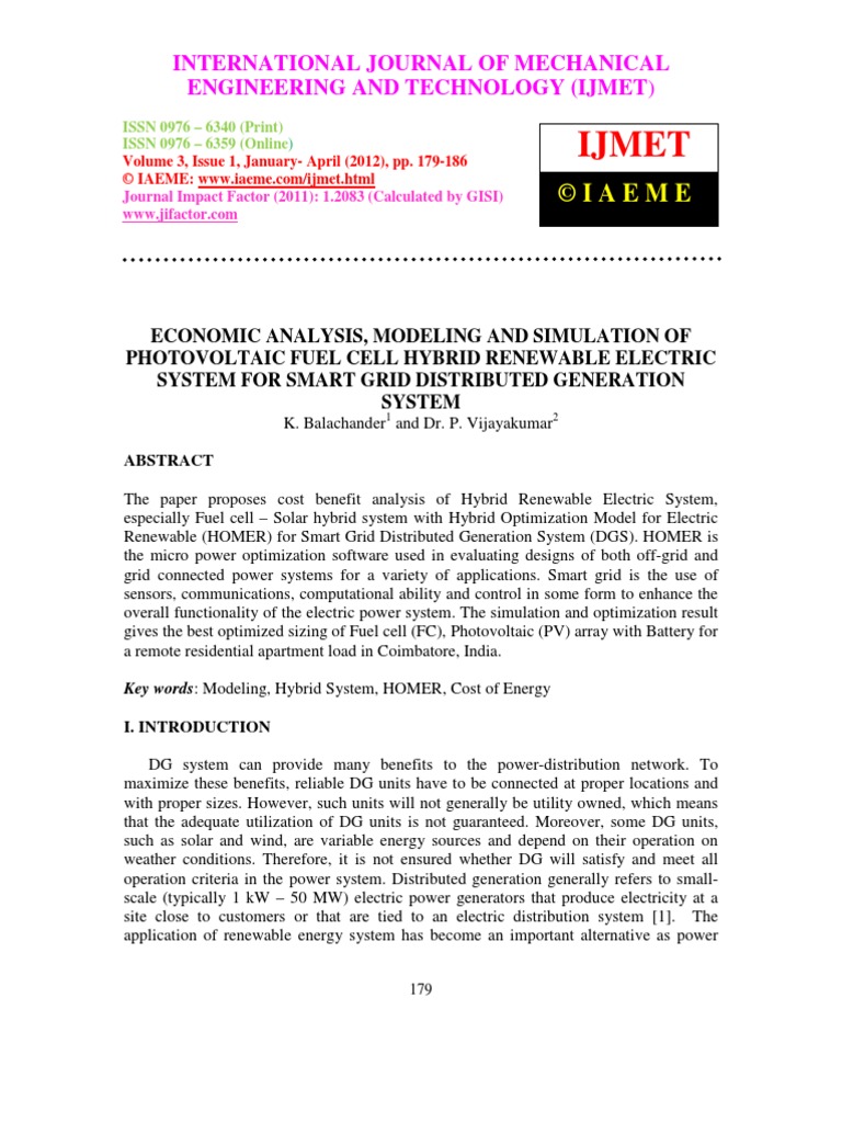 Economic Analysis, Modeling and Simulation of Photovoltaic Fuel Cell ...