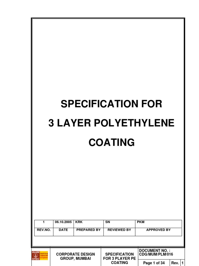 Specification For 3 Layer Polyethylene Coating | PDF | Technology & Engineering