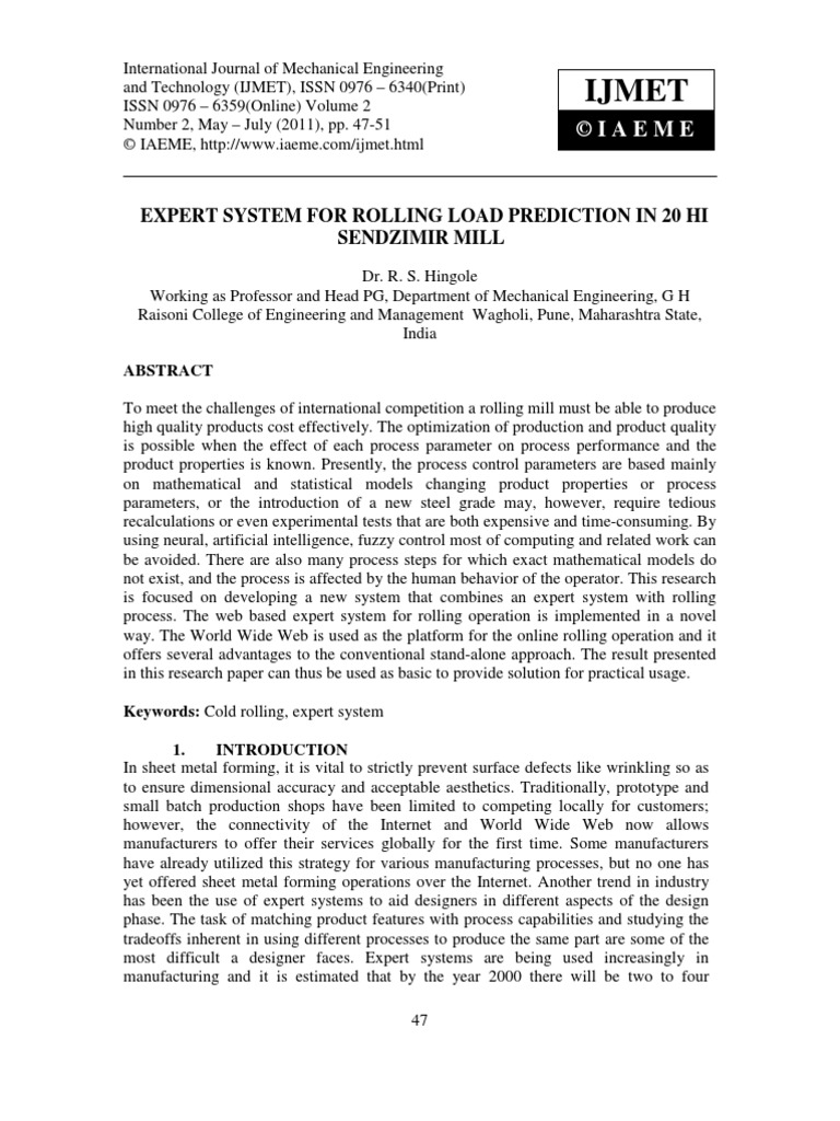 Expert System For Rolling Load Prediction in 20 Hi Sendzimir Mill | PDF ...