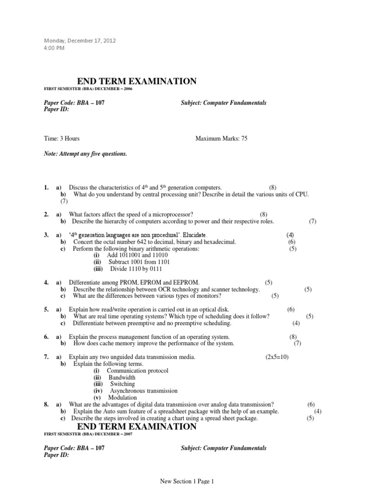 Question Paper Computer Fundamentals | Operating System | Computer Data ...