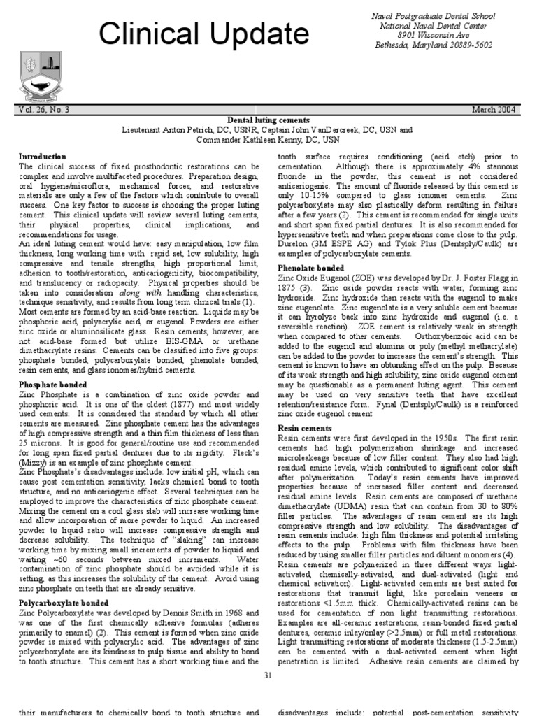 Dental Luting Cements Overview | PDF | Mouth | Dentistry Branches