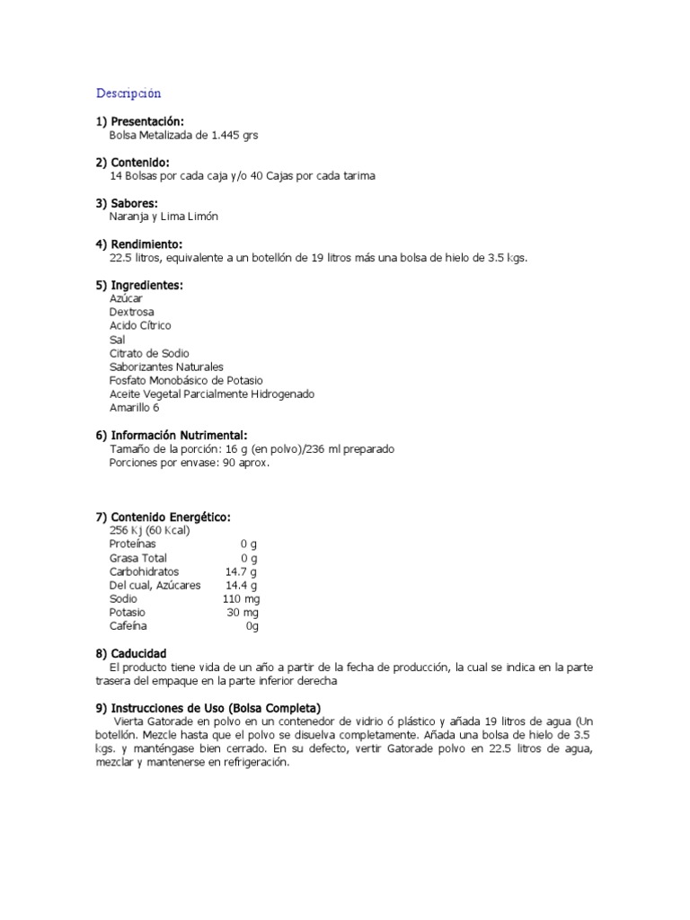 Información Nutricional de Gatorade en Polvo | PDF | Sustancias ...