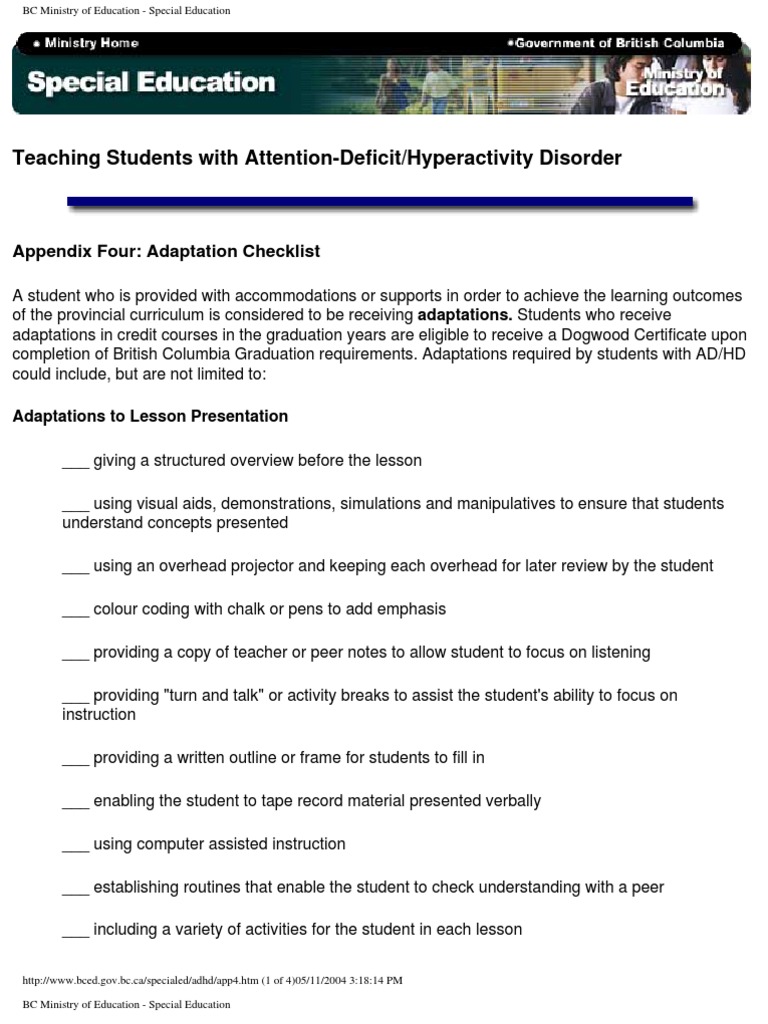 ADHD Teacher Checklist | Test (Assessment) | Special Education