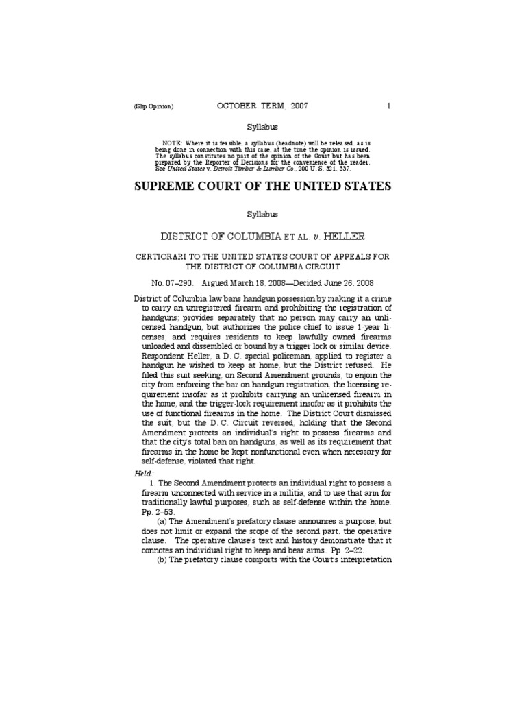 Supreme Court of The United States: District of Columbia - V. Heller ...