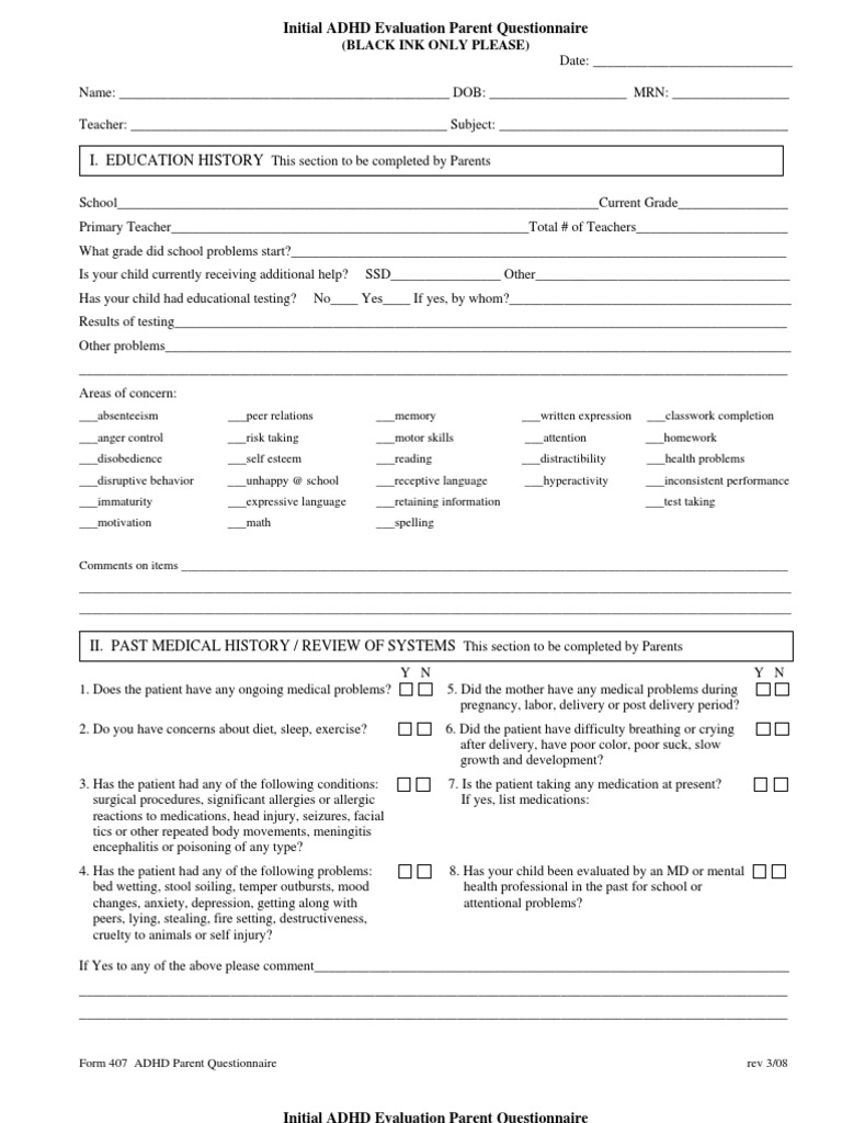 407 ADHD Parent Questionnaire | PDF | Attention Deficit Hyperactivity ...