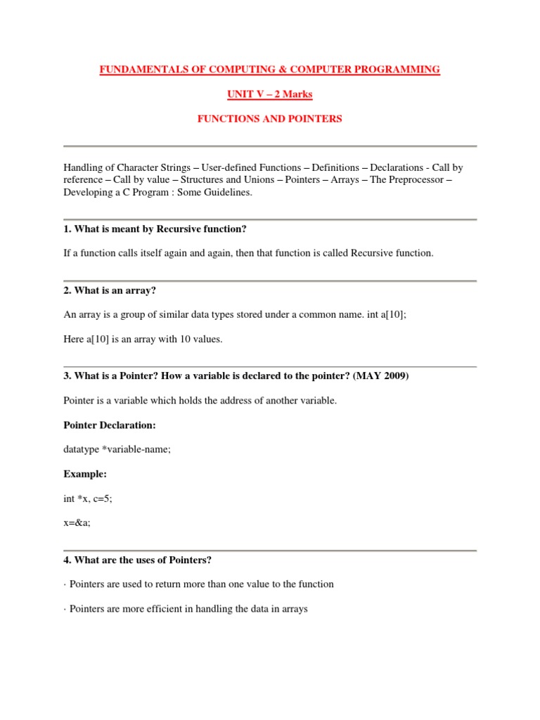 Fundamentals Of Computing And Computer Programming Unit V 2 Marks Functions And Pointers Pdf 
