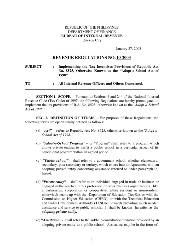 BIR 10-2003 Implementing The Tax Incentives Provisions RA 8525 Adopt-A ...