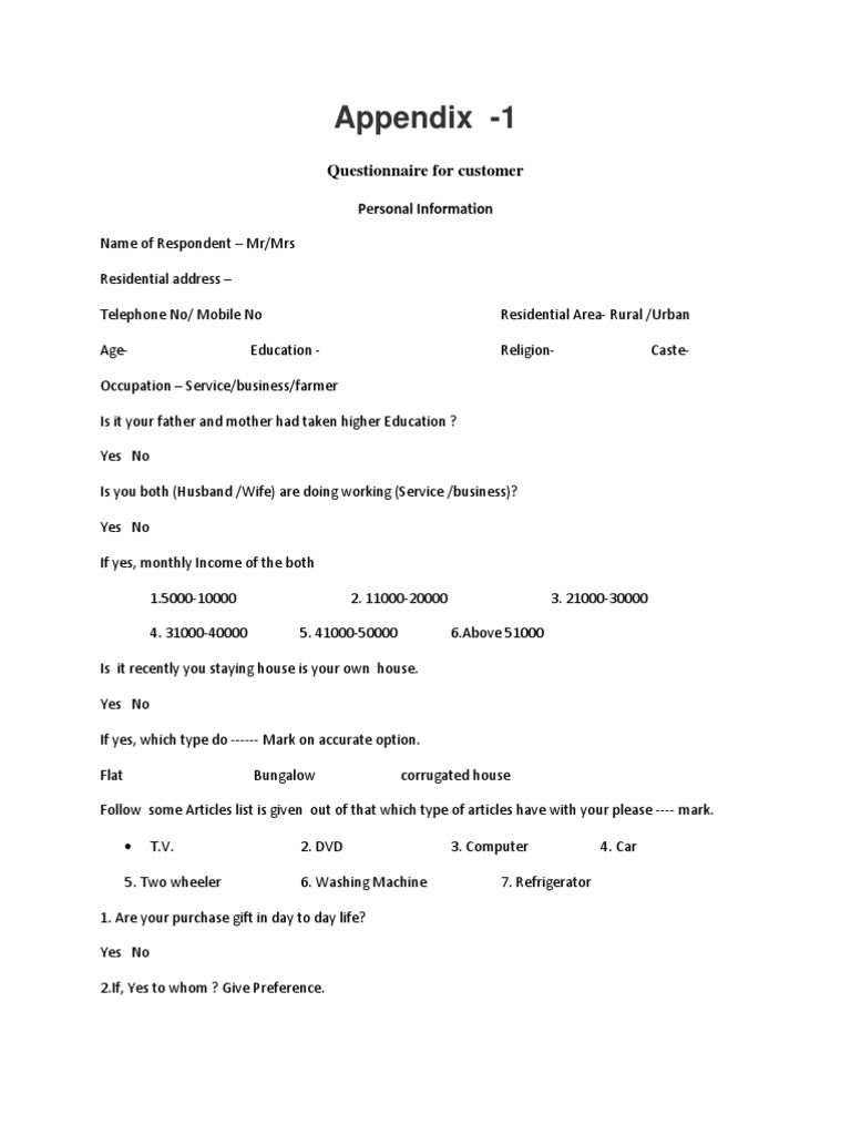 Appendix - 1: Questionnaire For Customer | PDF | Behavior | Motivation