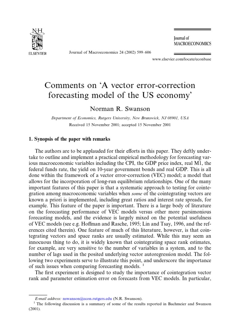 Comments On Ôa Vector Error-Correction Forecasting Model of The Us Economyõ | PDF | Vector ...