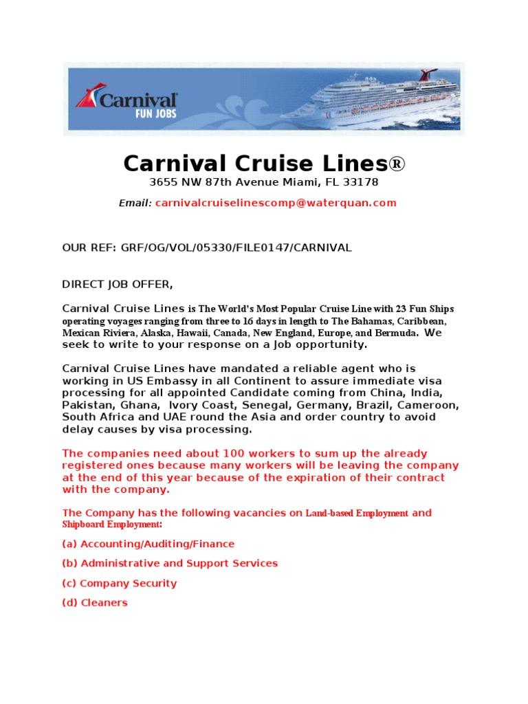 Carnival Fun Job Offer | PDF | Travel Visa | Employment