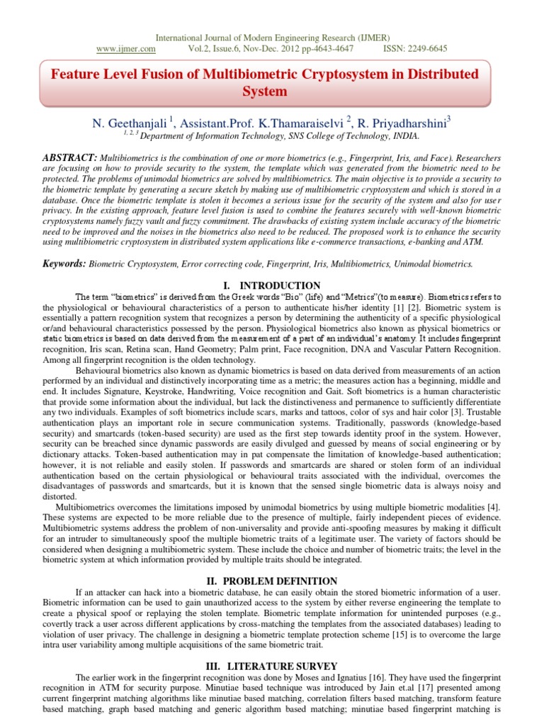 Feature Level Fusion of Multibiometric Cryptosystem in Distributed System | PDF | Biometrics ...