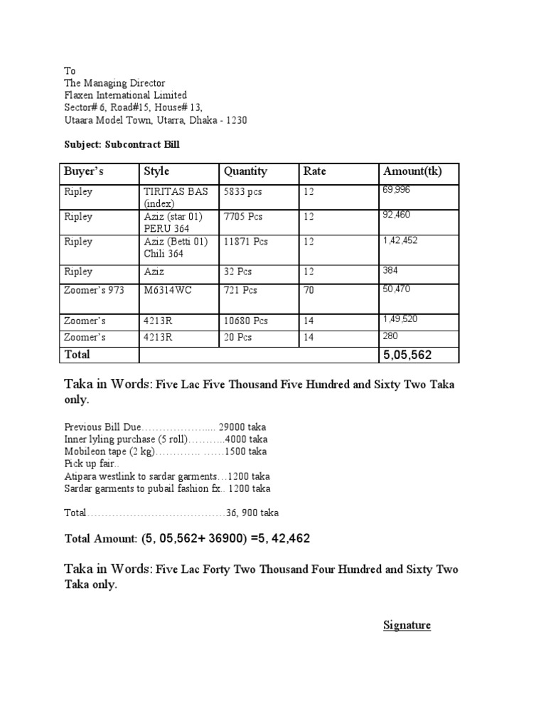 Subcontract Bill Summary for Flaxen International | PDF