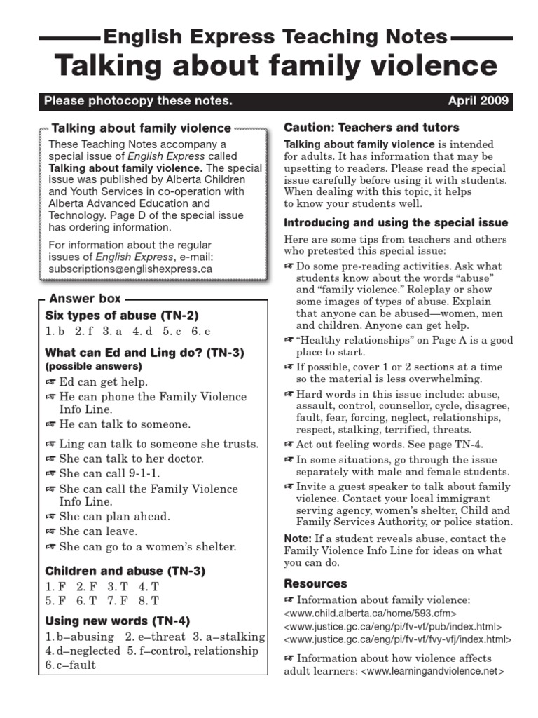 Talking About Family Violence: English Express Teaching Notes ...