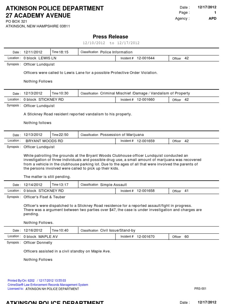 Atkinson Police Department 27 Academy Avenue: Press Release | PDF ...