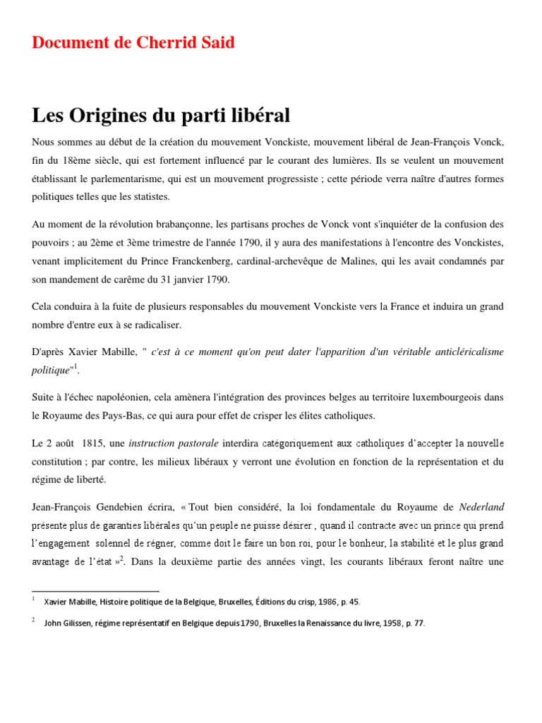 Histoire Du Parti Libéral Belge | PDF | Belgique | Bruxelles