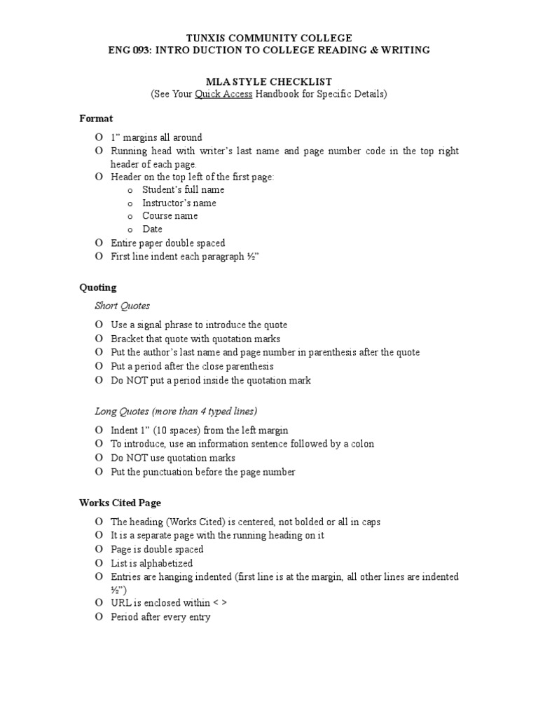 Mla Style Checklist | PDF