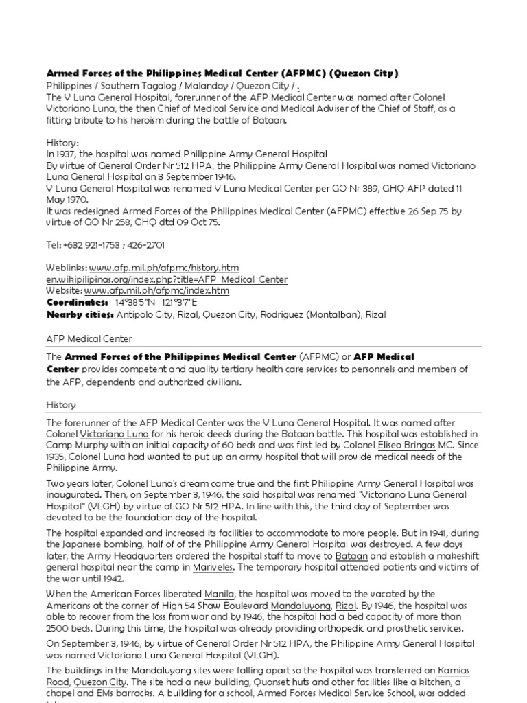 Armed Forces of The Philippines Medical Center | PDF | Hospital ...