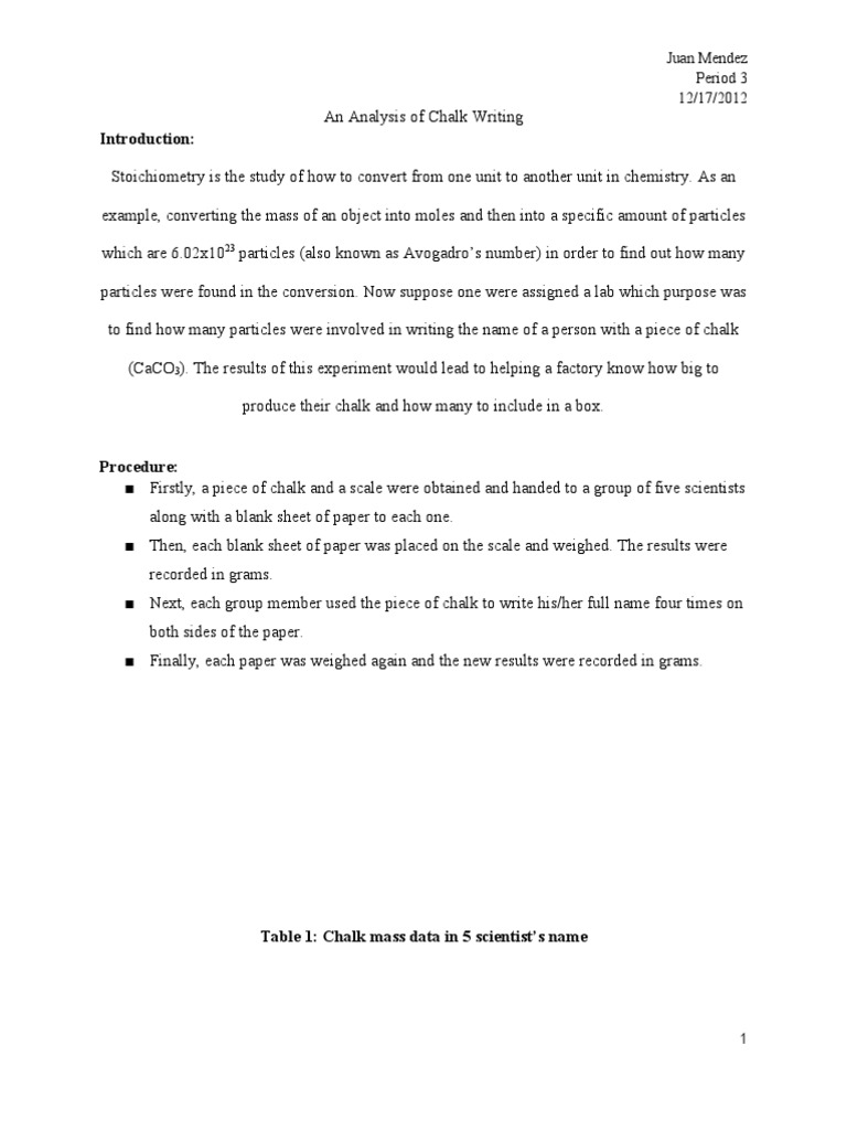Stoichiometry of Chalk Writing Lab | PDF | Mole (Unit) | Chalk