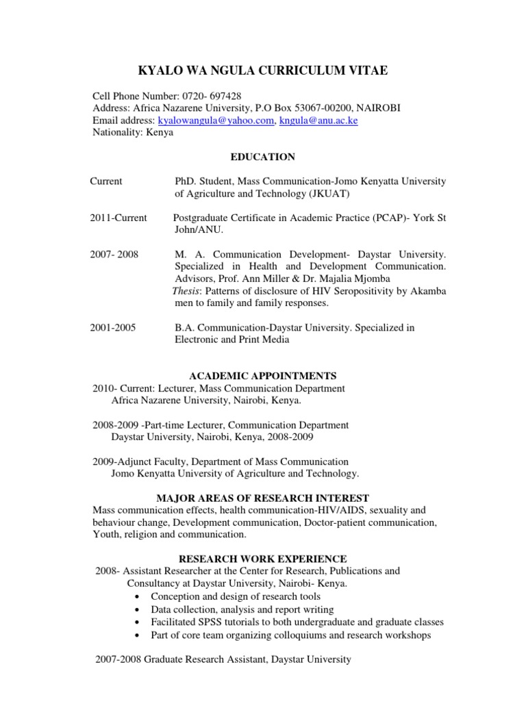 Kyalo Wa Ngula CV Appendix 1 | PDF | Kenya | Postgraduate Education