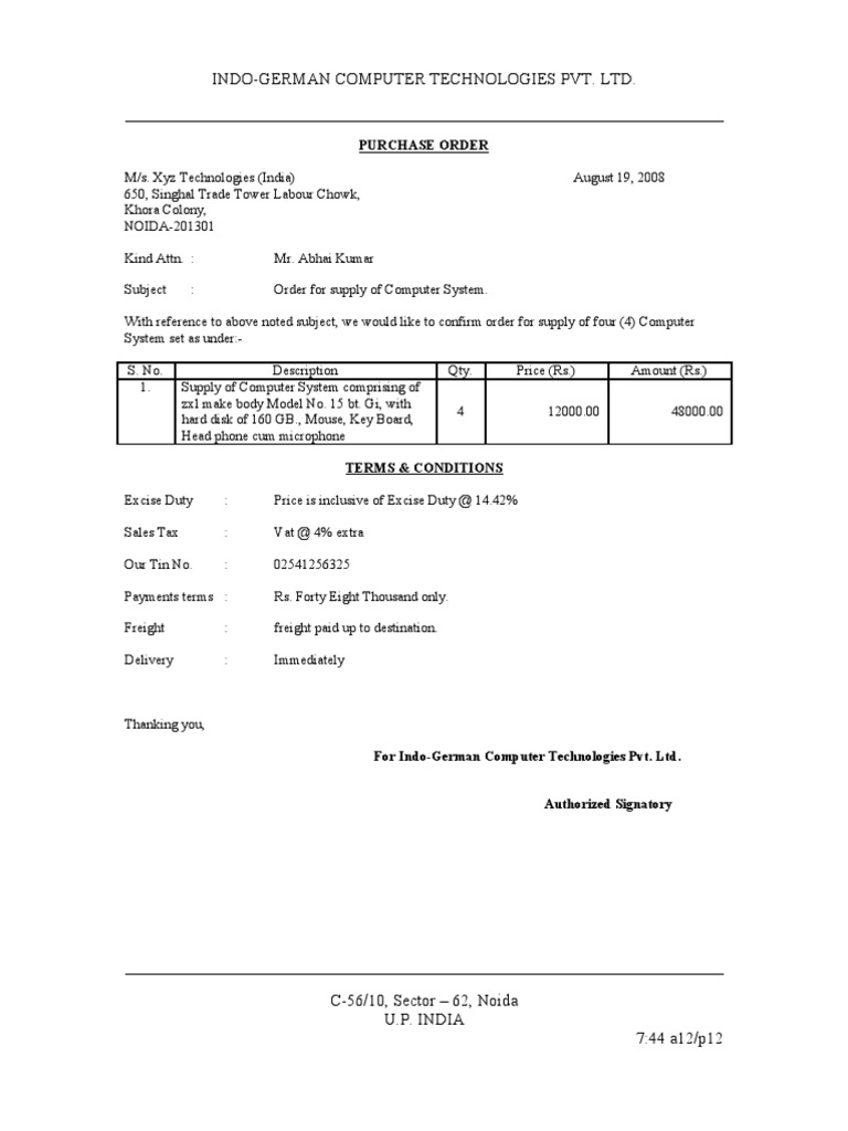Indo-German Computer Technologies Pvt. LTD.: Purchase Order | PDF