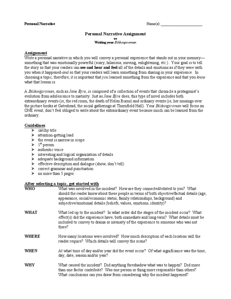 Personal Narrative Assignment | PDF | Narrative | Jane Eyre