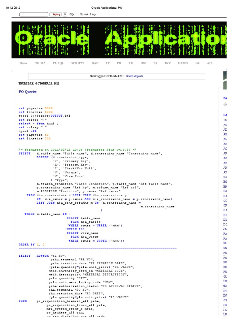 PO Queries: Home Tools PL SQL Scripts OAF AP PO AR OM PA INV Hrms GL ALL | PDF