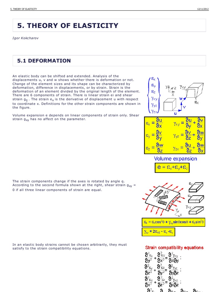 Theory of Elasticity | PDF | Stress (Mechanics) | Deformation (Mechanics)
