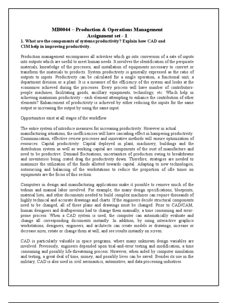 MB0044 - Production & Operations Management Assignment Set - 1 | PDF