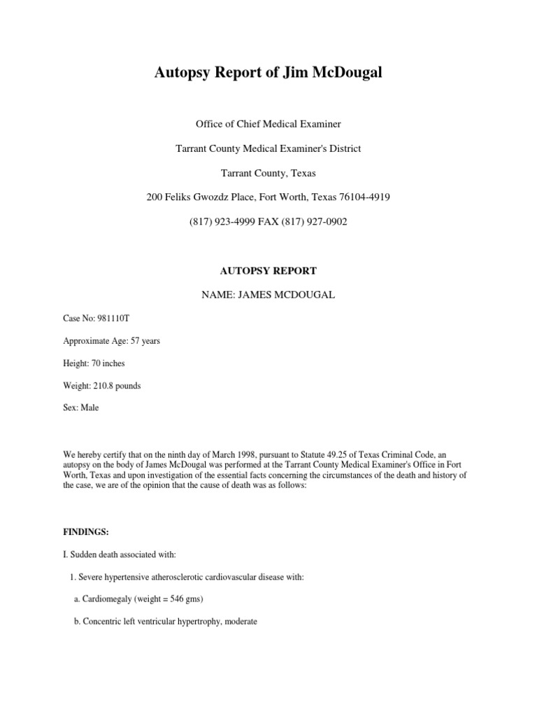Autopsy Report of Jim McDougal | PDF | Heart | Coronary Circulation