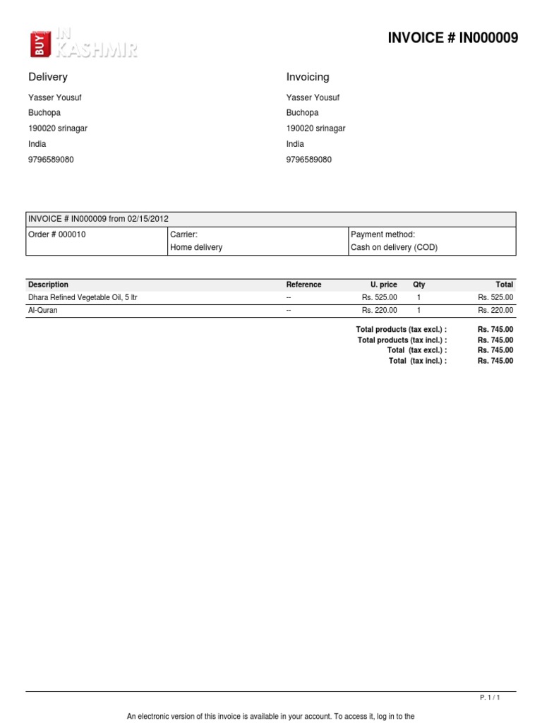 INVOICE # IN000009: Delivery Invoicing | PDF