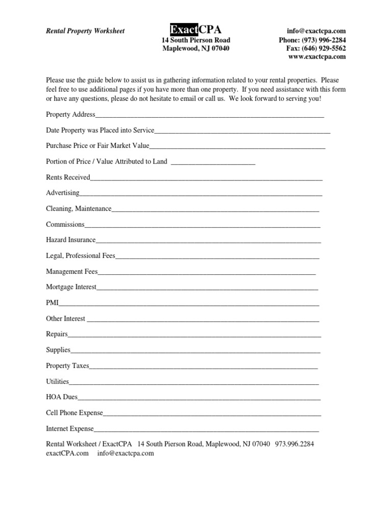 Rental Property WorkSheet | PDF | Depreciation | Expense