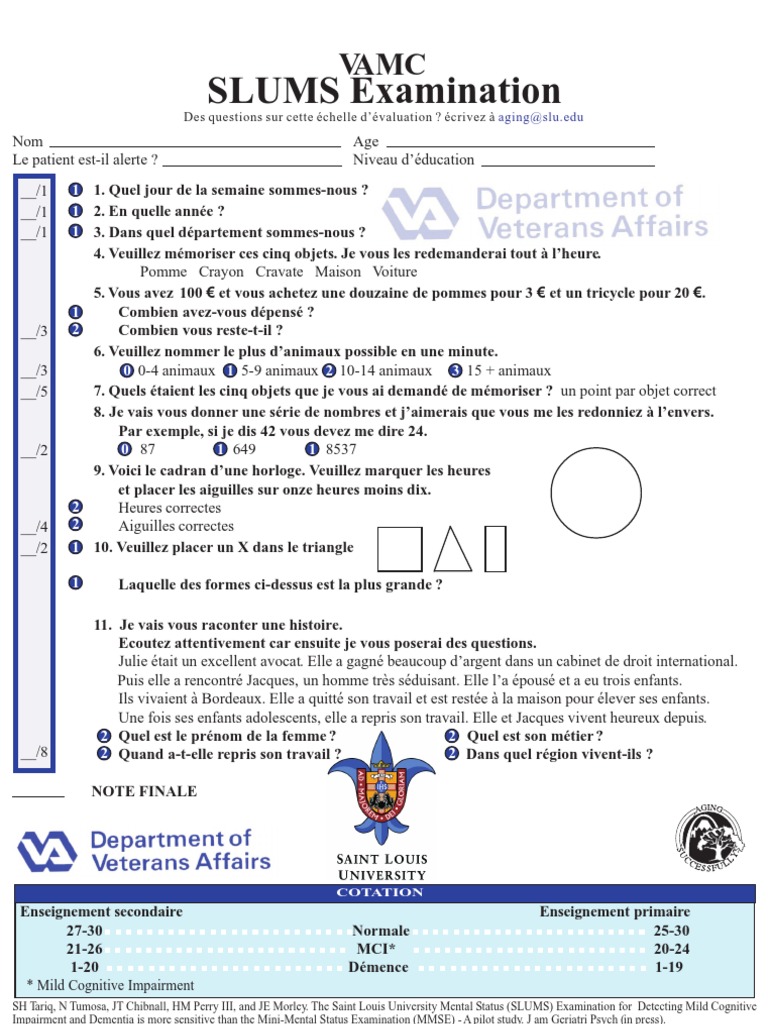 Saint Louis University Mental Status (SLUMS) Examination French | PDF
