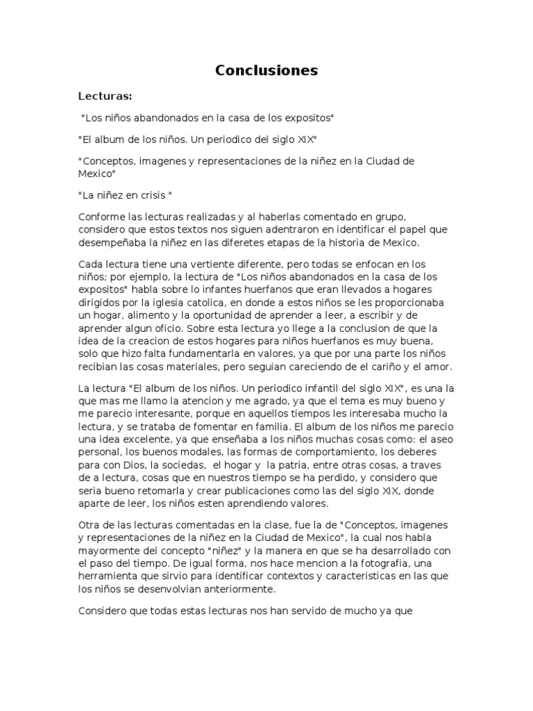 Conclusiones Lecturas | Infancia | Lectura (proceso)