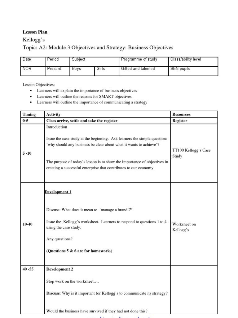 Kellogg's Business Objectives Lesson Plan | PDF | Career & Growth ...